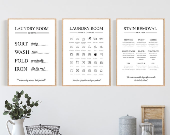 Laundry Signs, Set of 3 Prints, Laundry Symbols Art Print, Stain ...