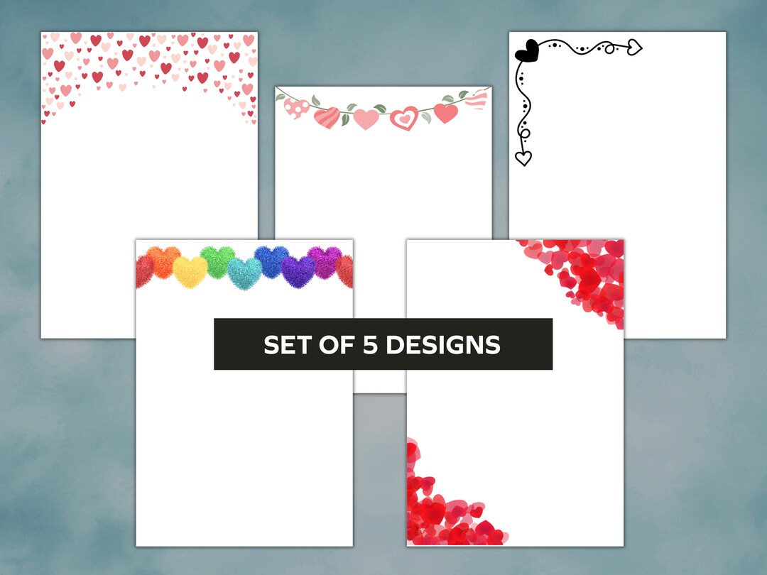 Love Notes 5 Heart Designs Printable Paper Digital Download Stationary ...
