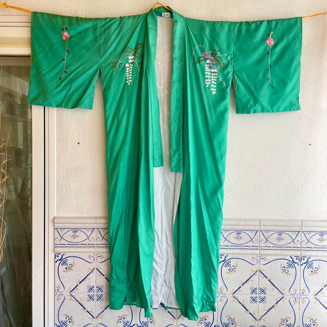 Vintage Silk Kimono | Hand-embroidered Mint Green Floral Robe - Etsy