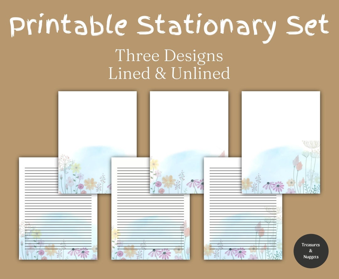 Blue Watercolor Floral Stationary Paper, Printable Letter Set (PDF) - Etsy