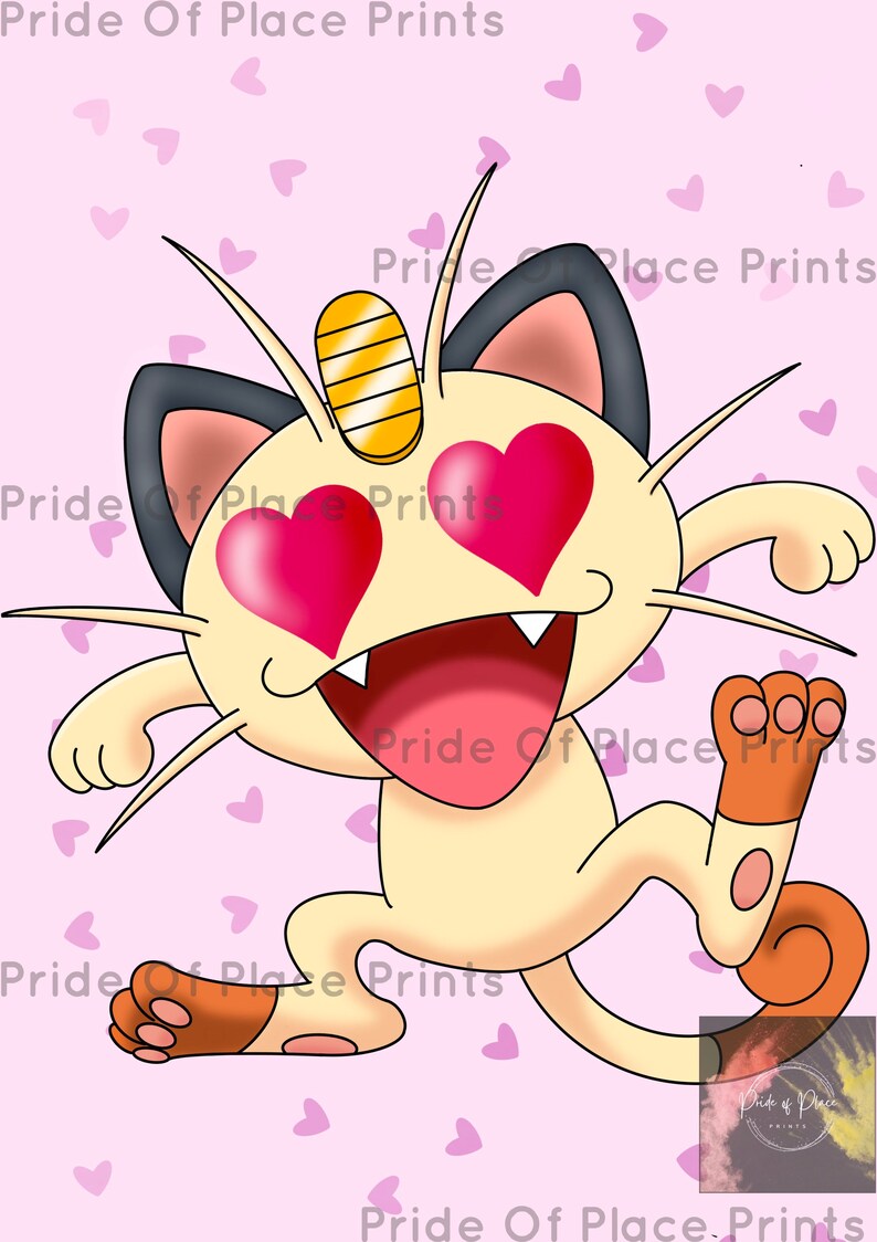 Meowth Pokemon Heart Eyes in Love Art Print A4 - Etsy
