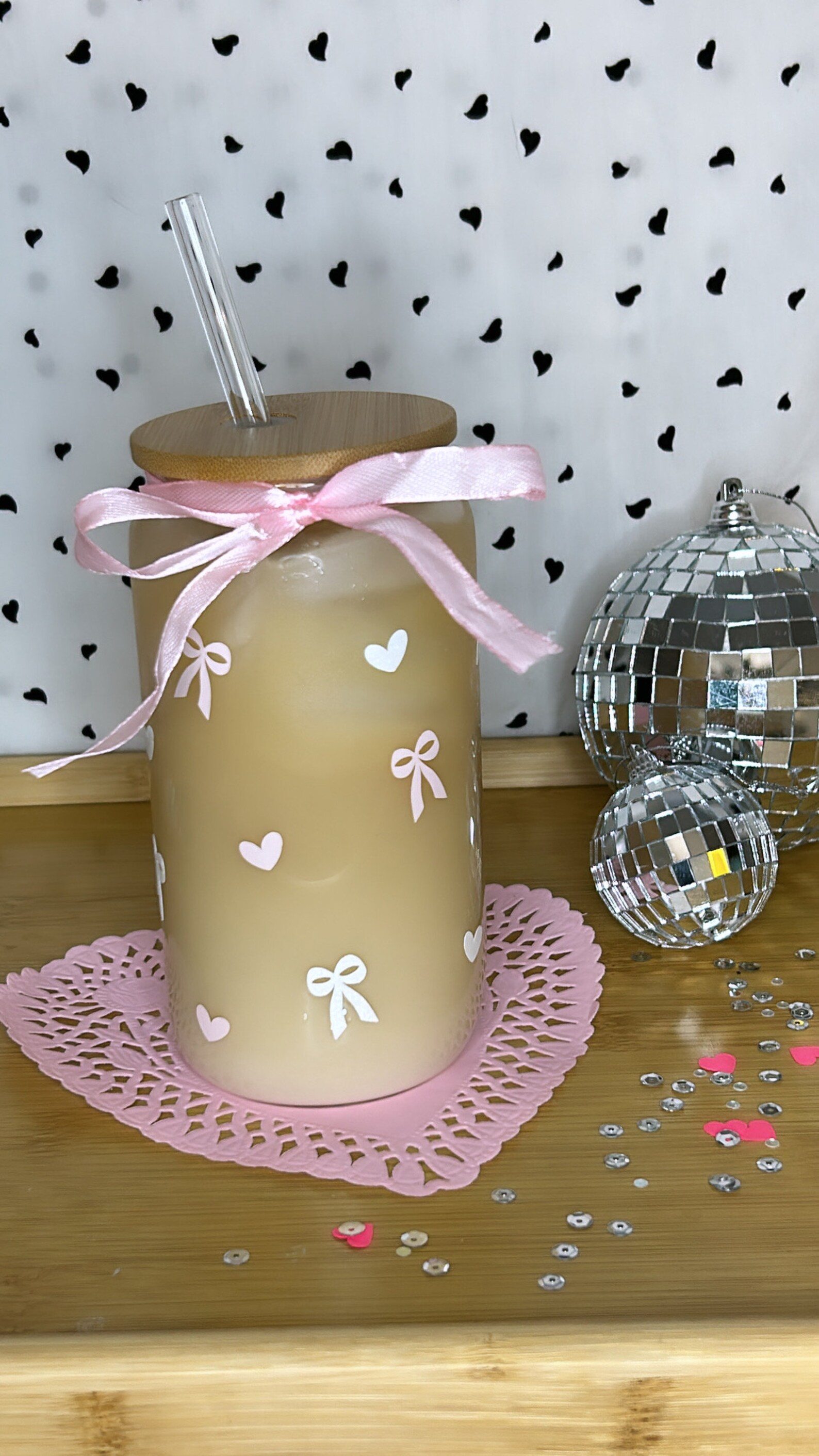 Pink Bow Cup, Pink and White Bows, Girly Glass Can Cup, Bridal Bows Cup ...