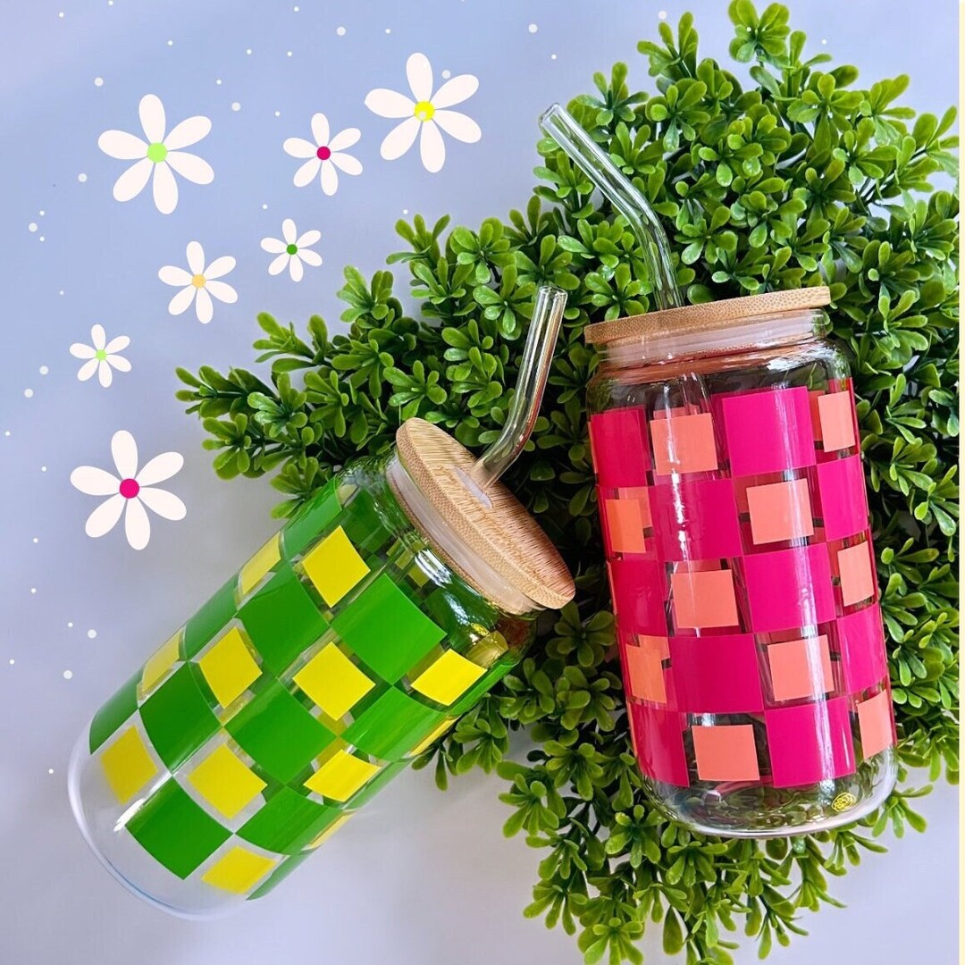 Checkered Glass Cup, 16oz Beer Can Mug, Funky Drinking Glass, Bright ...