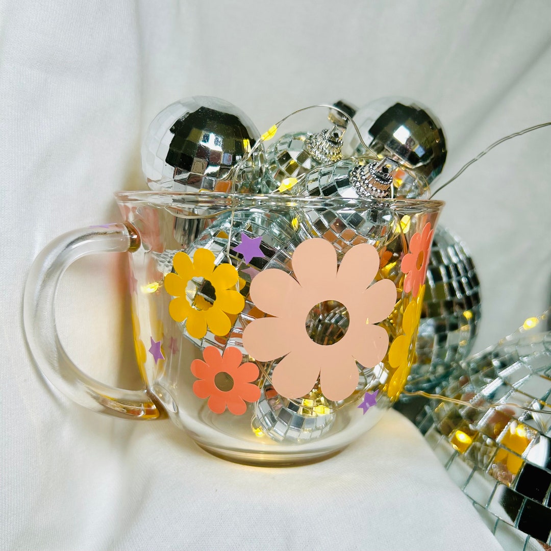 Boho Floral Glass Mug, 70s Style Glassware, Retro Hippie Coffee Mug ...