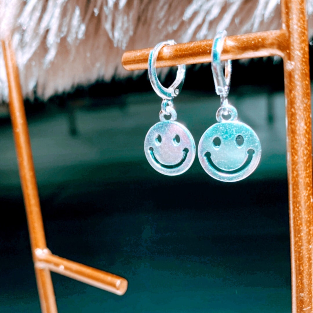 Happy Face Hoop Earrings, Tarnish Free Earrings, Silver Smile Face ...