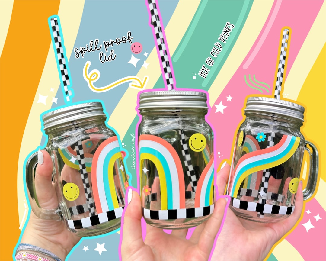 Boho Happy Face Mason Jar, Aesthetic Drinking Glass, Retro Style Mason ...