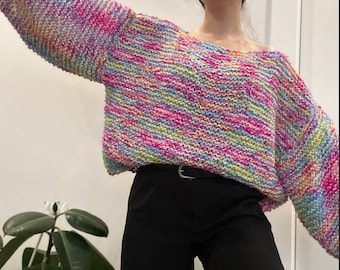 Colorful Striped Sweater, Crochet Sweater, Hand Knitted Warm Sweater ...