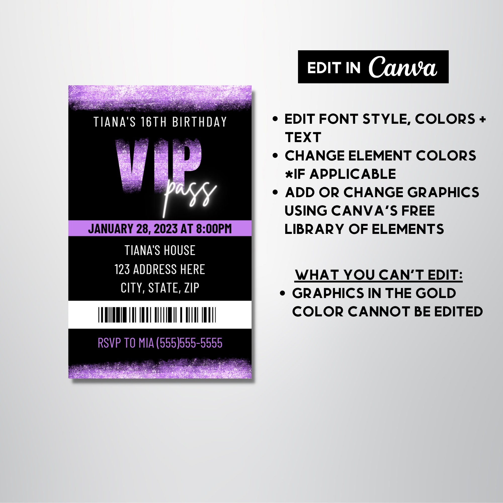 Purple VIP Pass Party Invitation, VIP Insert for Lanyard, VIP Pass ...