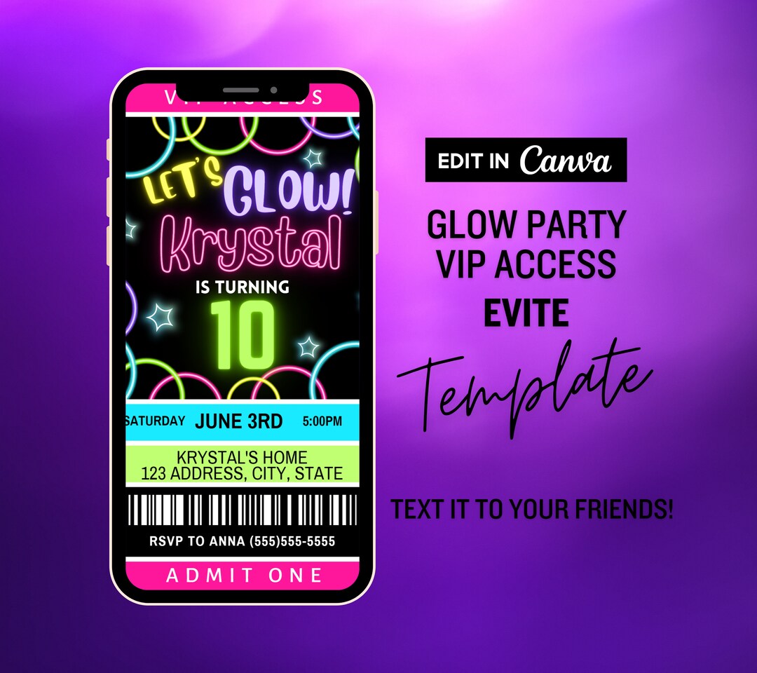 Glow Party Evite, Glow Theme Birthday, Let's Glow Crazy, Glow Party VIP ...