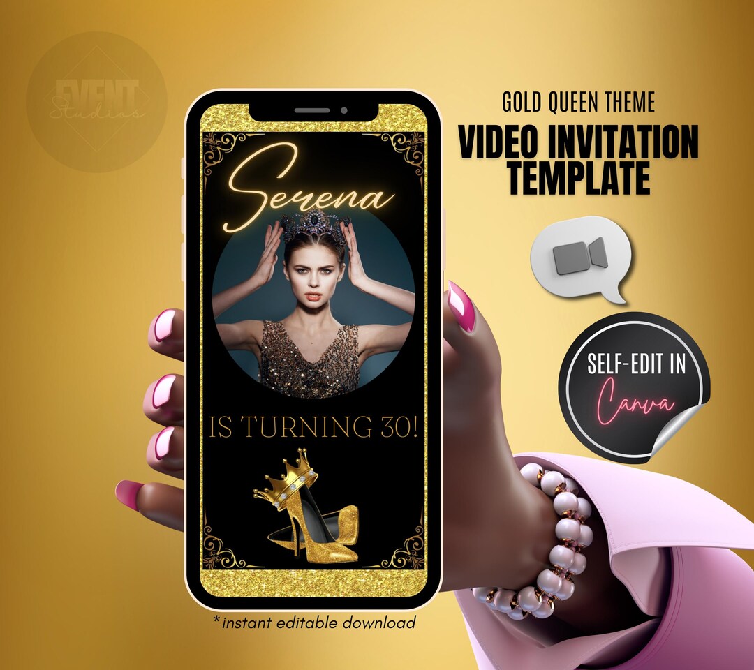 All Hail the Queen Invitation Video, Black and Gold Invite, Birthday ...