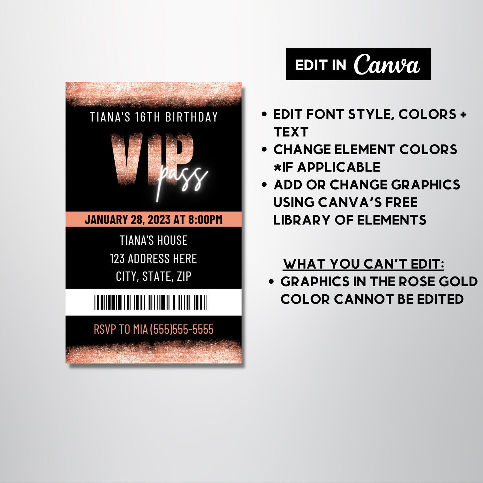 Rose Gold VIP Pass Party Invitation, VIP Insert for Lanyard, VIP Pass ...