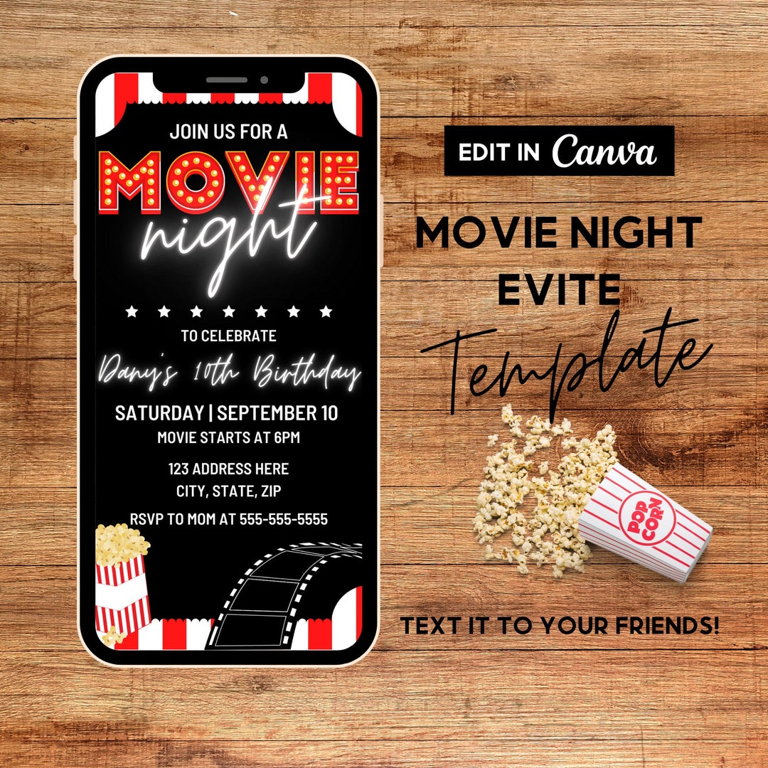 Editable Movie Night Evite, Movie Birthday Invite, Family Movie Night ...