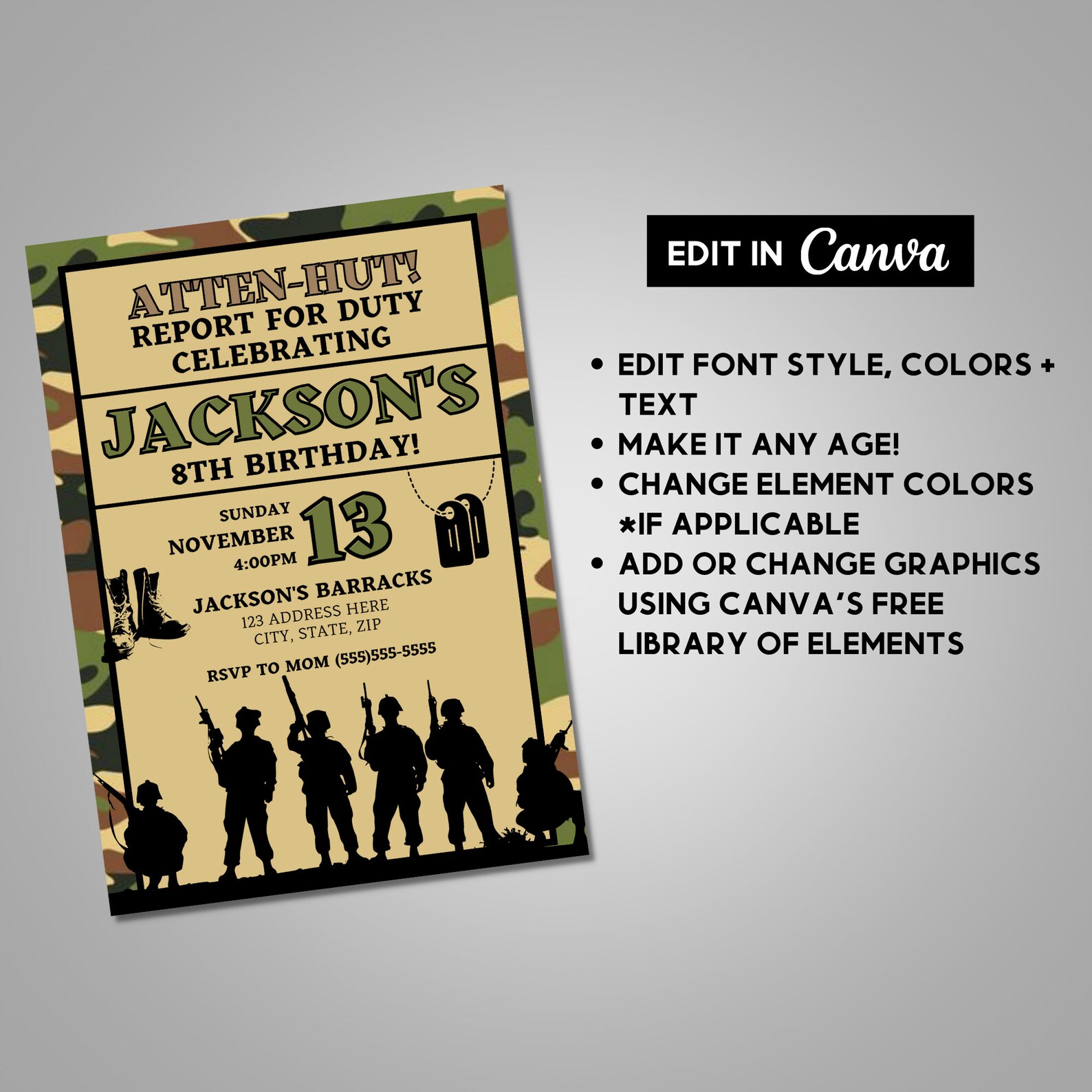 Editable Army Birthday Invitation, Camo Invitation, Soldier Birthday ...