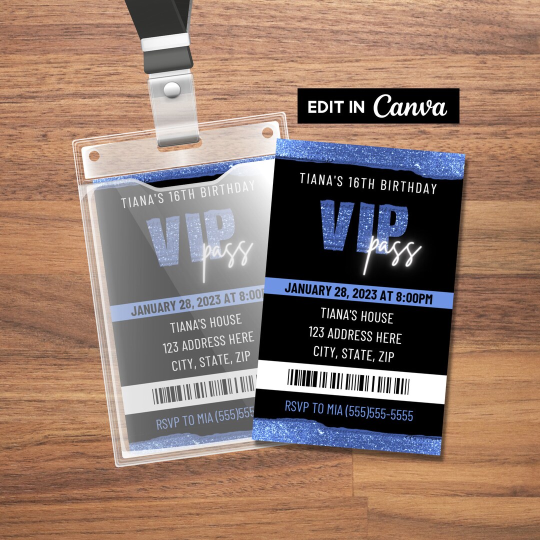 Blue VIP Pass Party Invitation, VIP Insert for Lanyard, VIP Pass ...