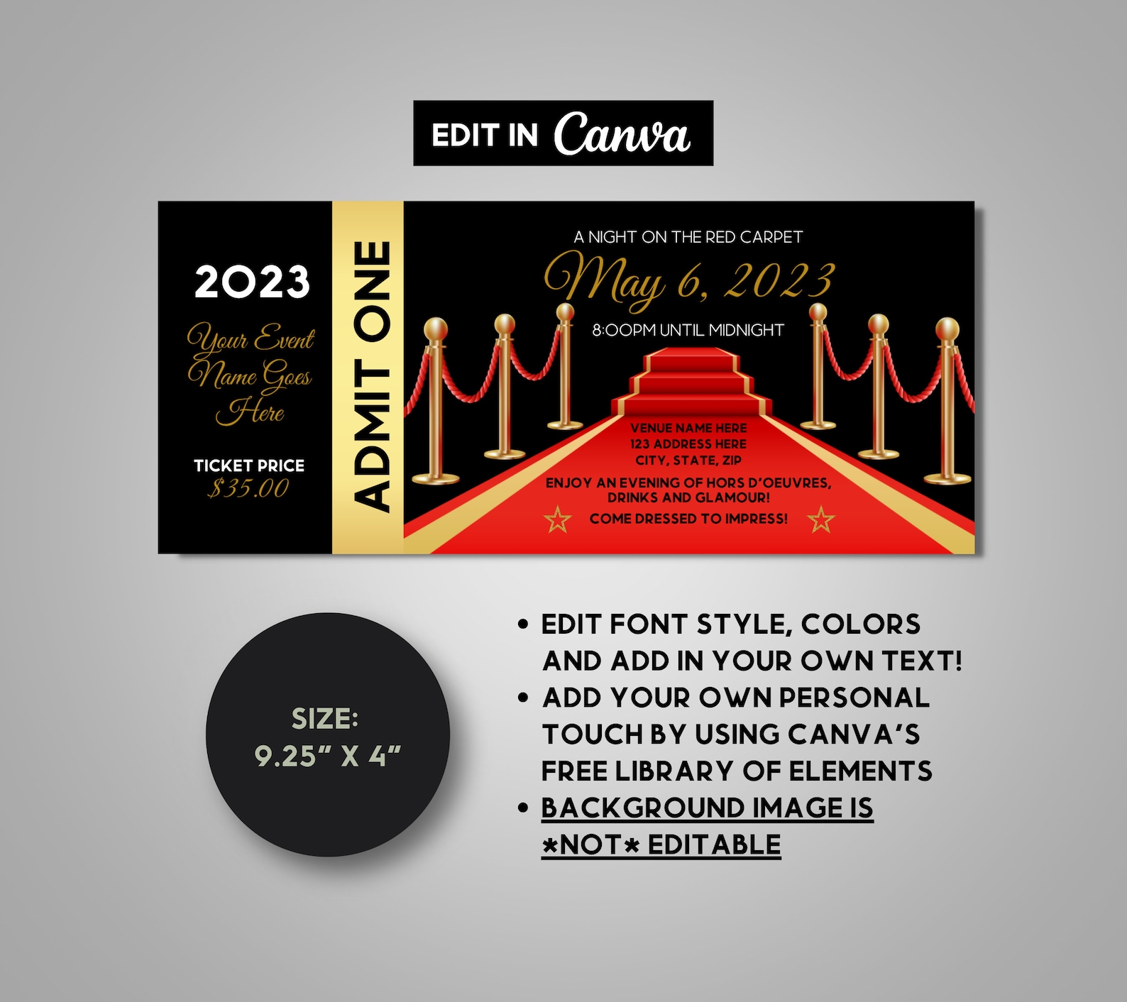 Editable Red Carpet Invitation, Red Carpet Event Ticket, Hollywood ...