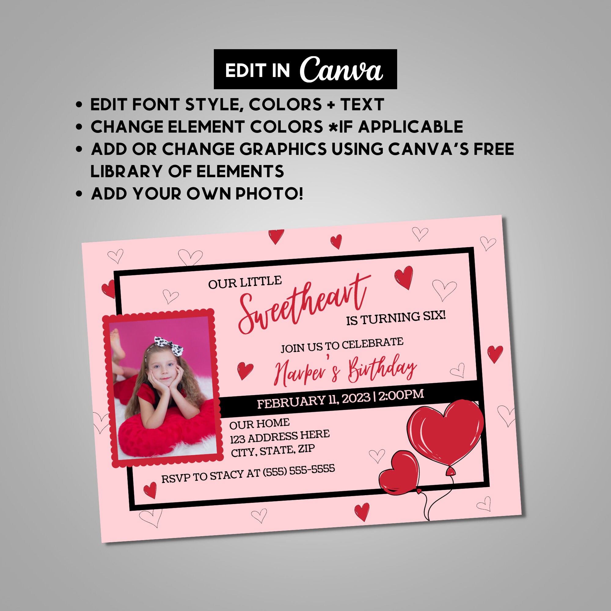 Editable Sweetheart Birthday Invitation, Valentine Theme Invitation ...
