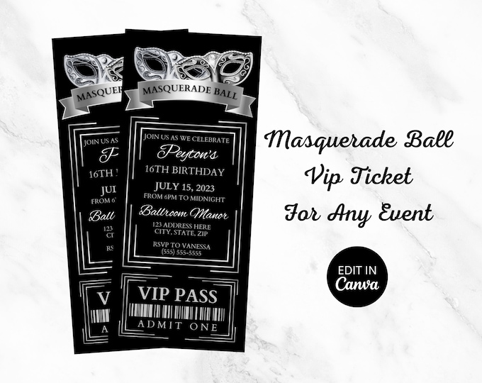 Editable Masquerade Ball Invitation, Masquerade VIP Ticket, Event ...