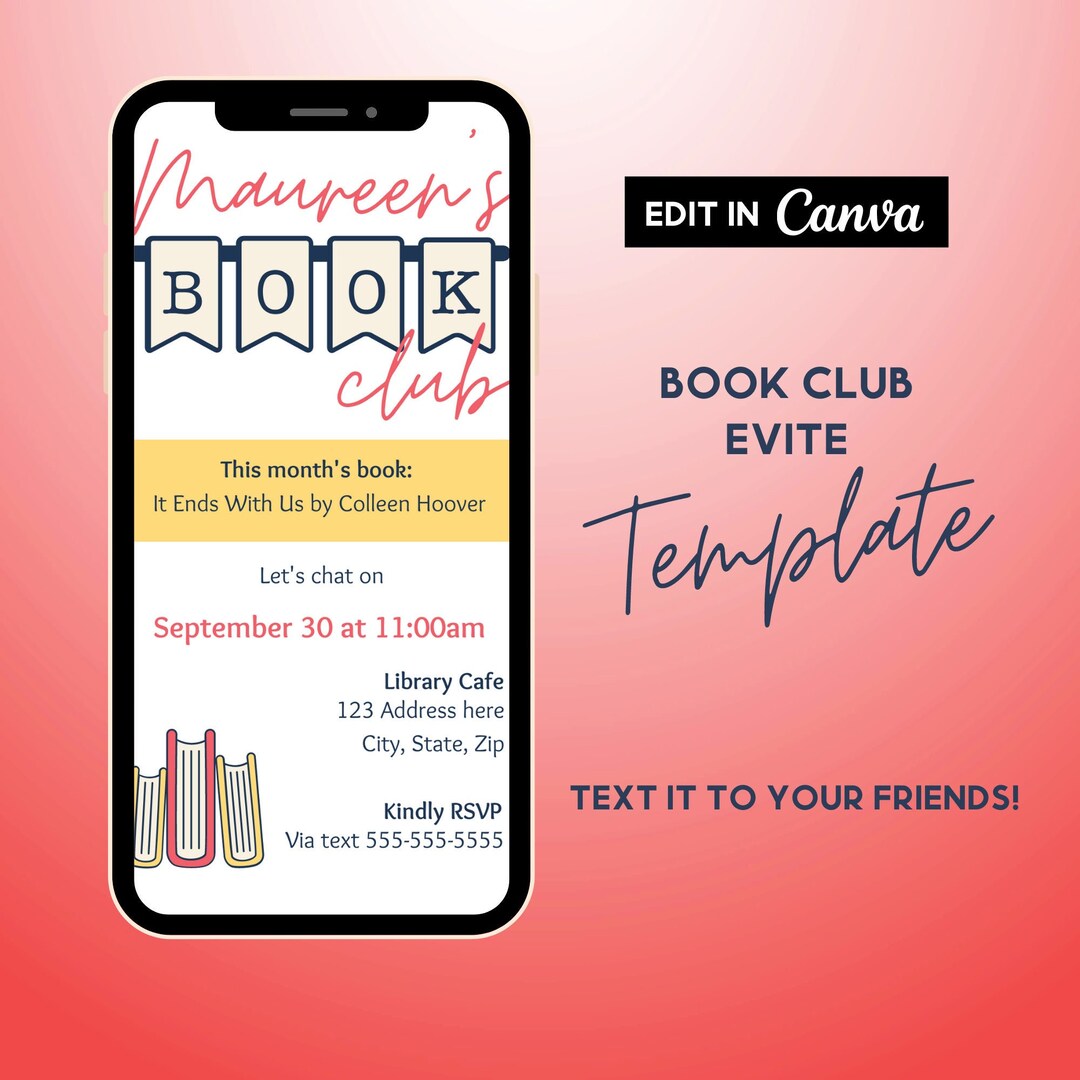 Editable Book Club Evite, Book Club Invitation, Book of the Month, Book ...