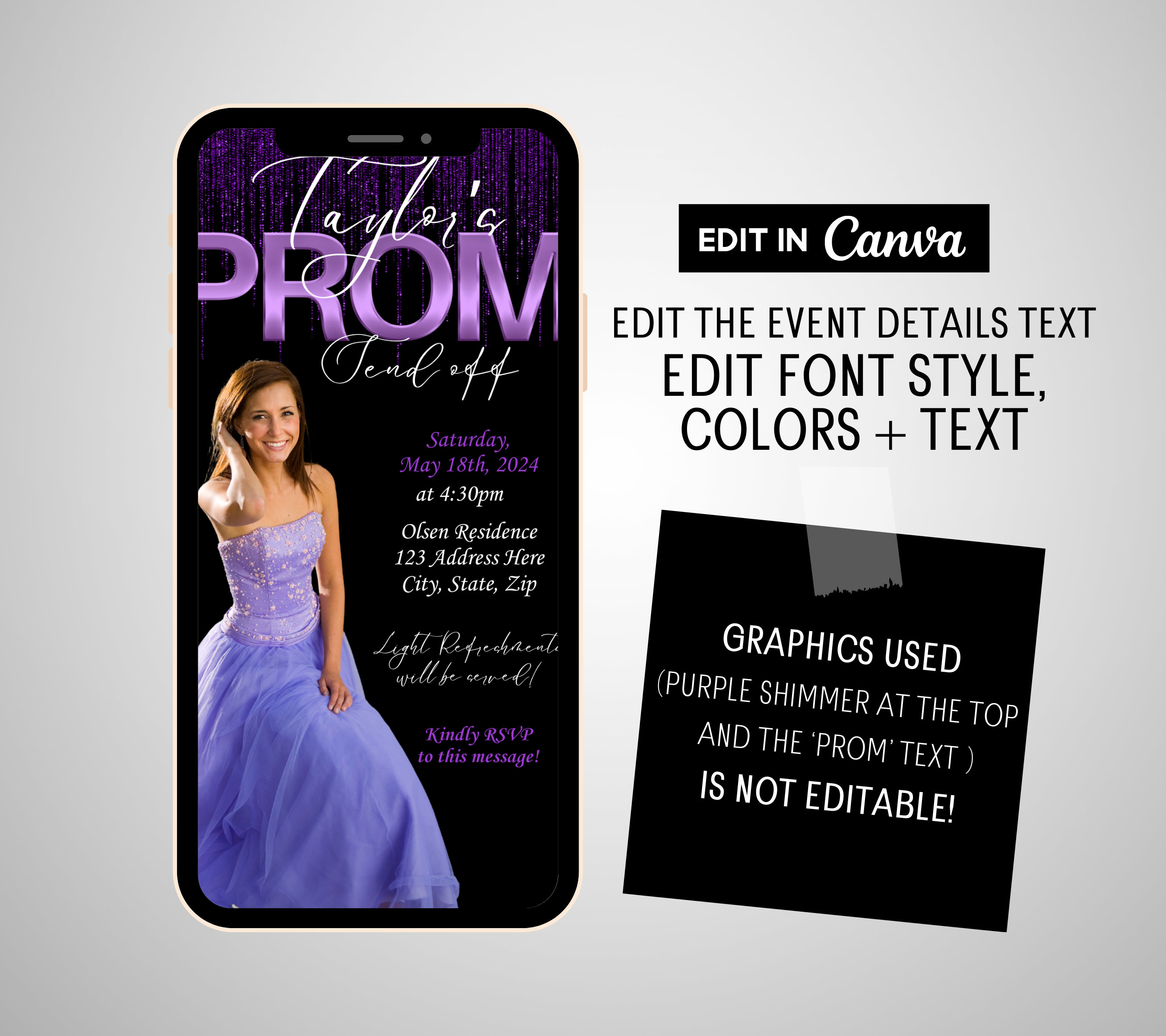 PURPLE Prom Send off Evite, Prom Night Send off Party, Digital Prom ...