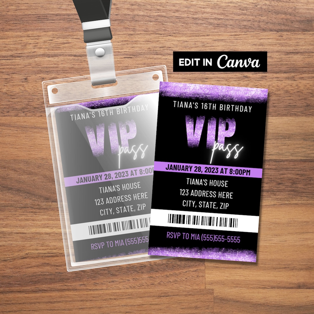 Purple VIP Pass Party Invitation, VIP Insert for Lanyard, VIP Pass ...