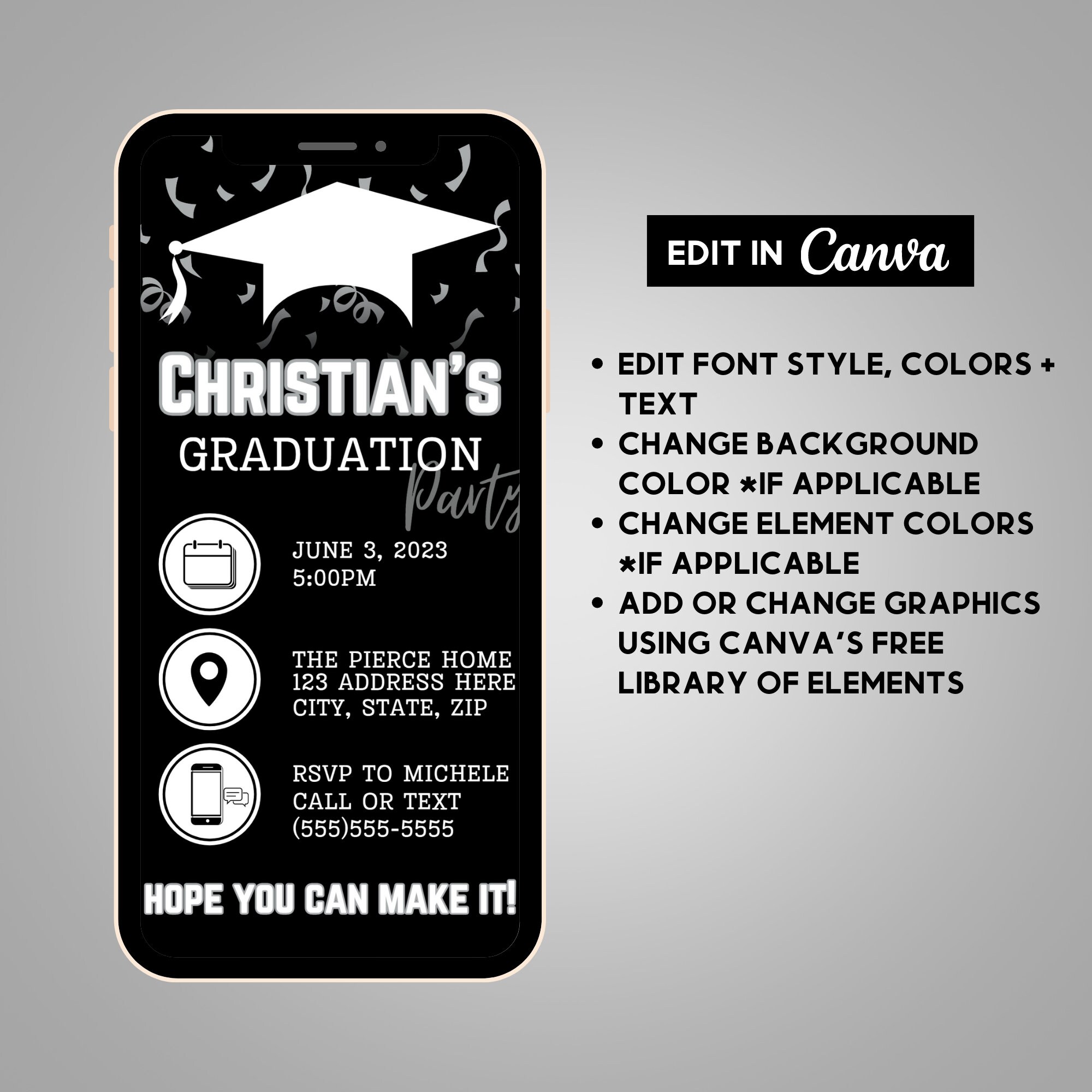 Editable Graduation Evite, Graduation Party Invite, Grad Party Phone ...