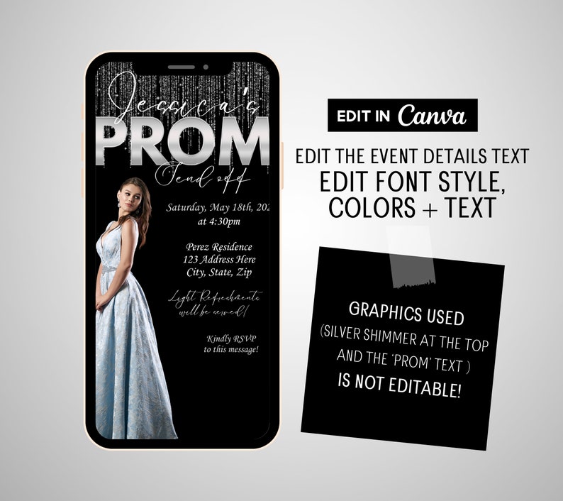 SILVER Prom Send off Evite, Prom Night Send off Party, Digital Prom ...