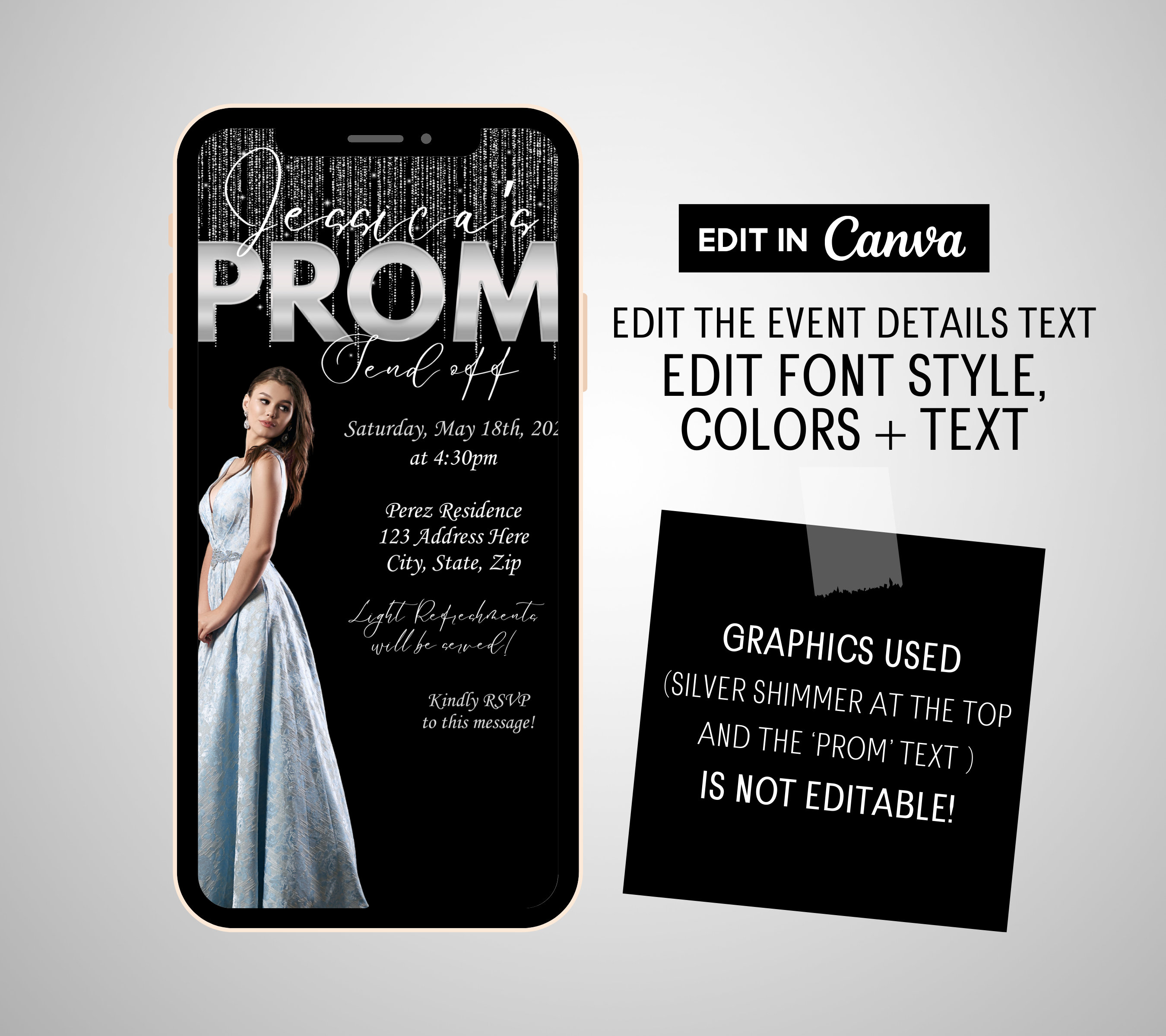 SILVER Prom Send off Evite, Prom Night Send off Party, Digital Prom ...