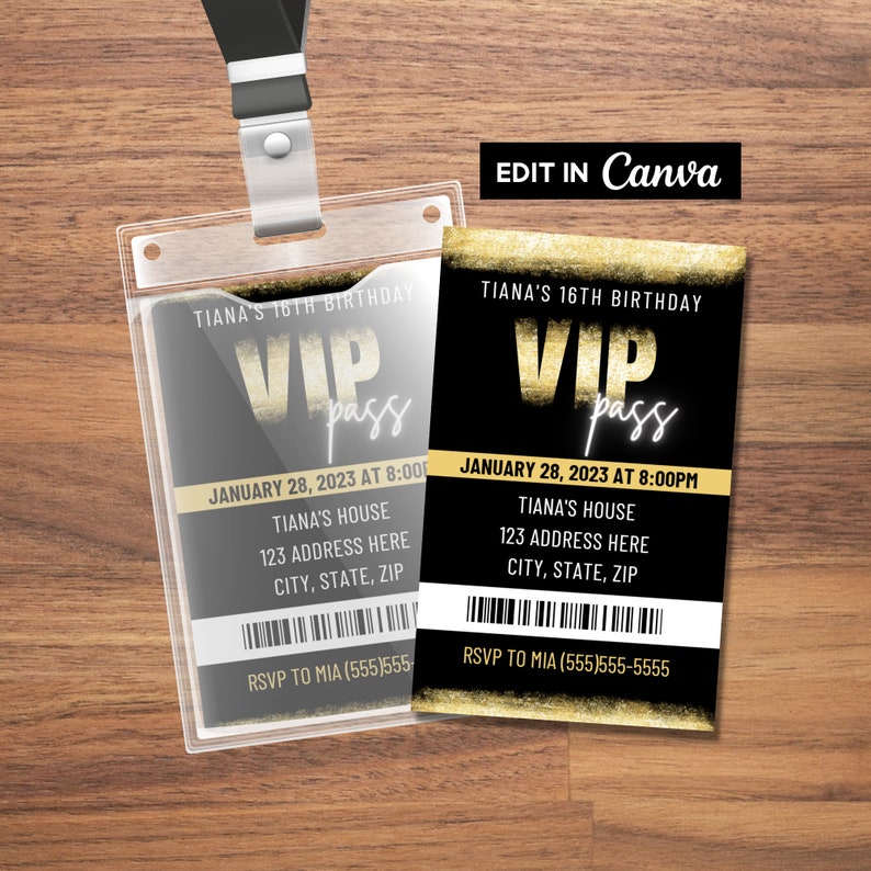 Gold VIP Pass Party Invitation, VIP Insert for Lanyard, VIP Pass ...