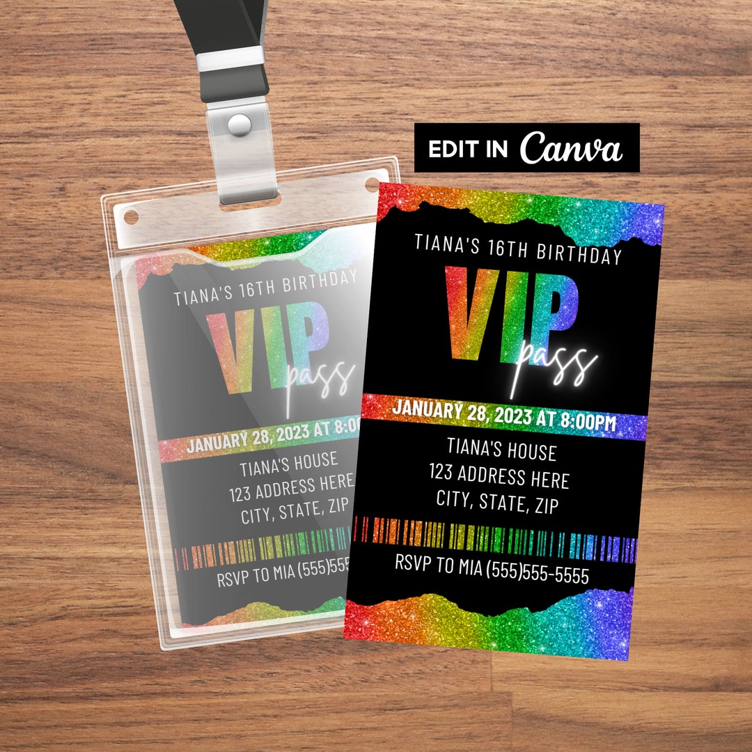 Rainbow VIP Pass Party Invitation, VIP Insert for Lanyard, VIP Pass ...