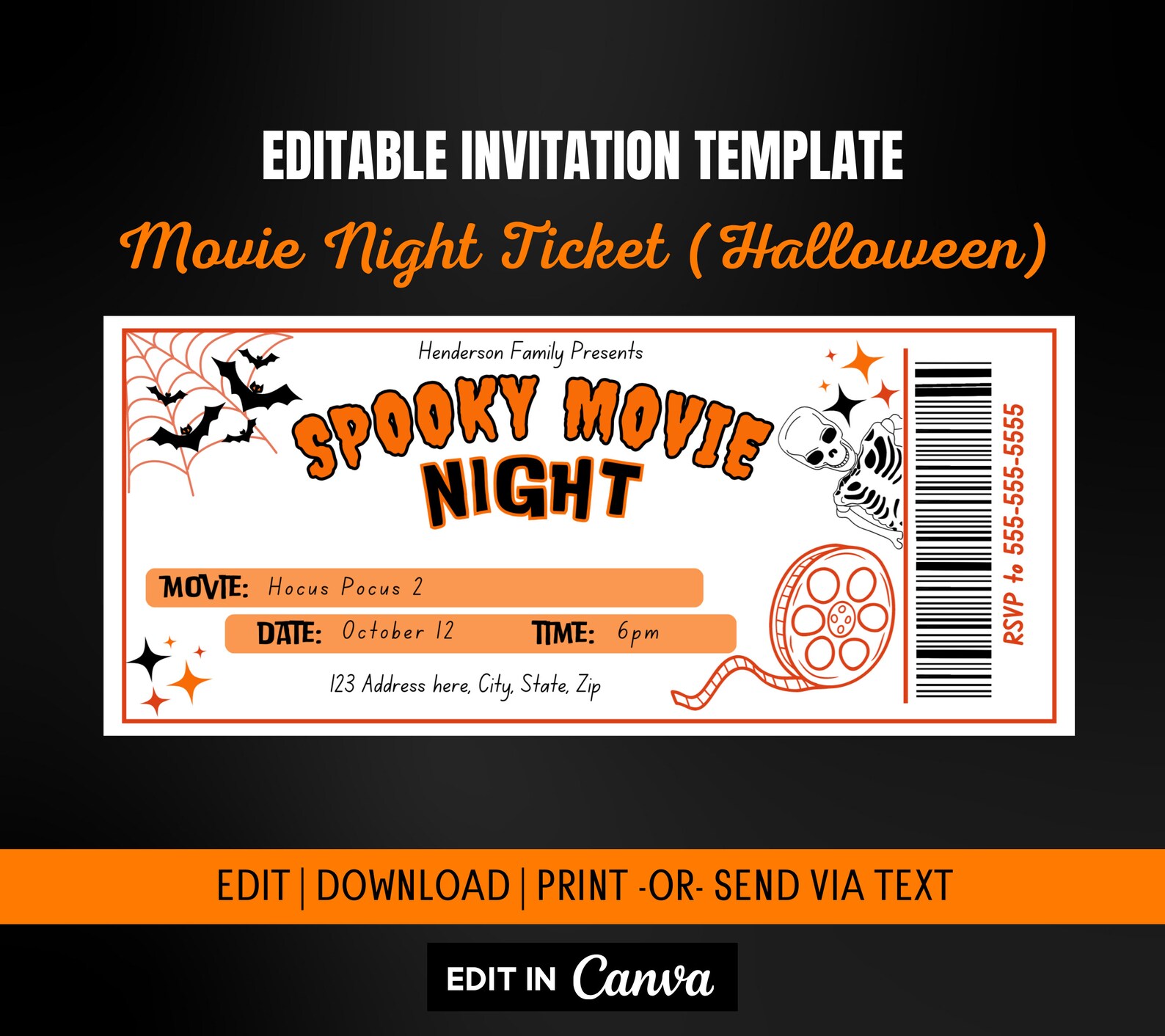 Halloween Movie Night Ticket, Spooky Movie Night Ticket, Movie Night ...