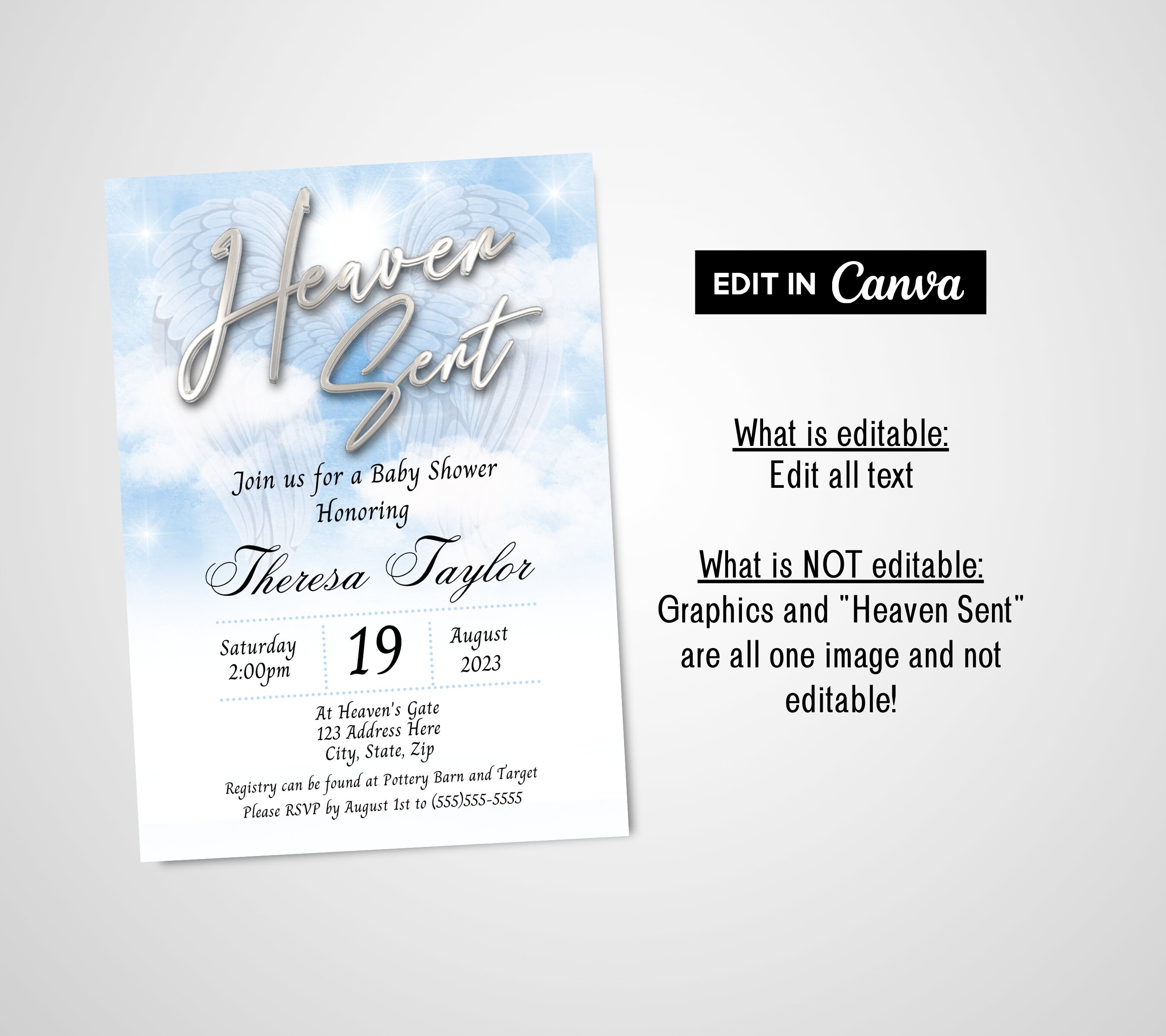 Heaven Sent Baby Shower Invitation, Angel Theme Baby Shower, Angel ...