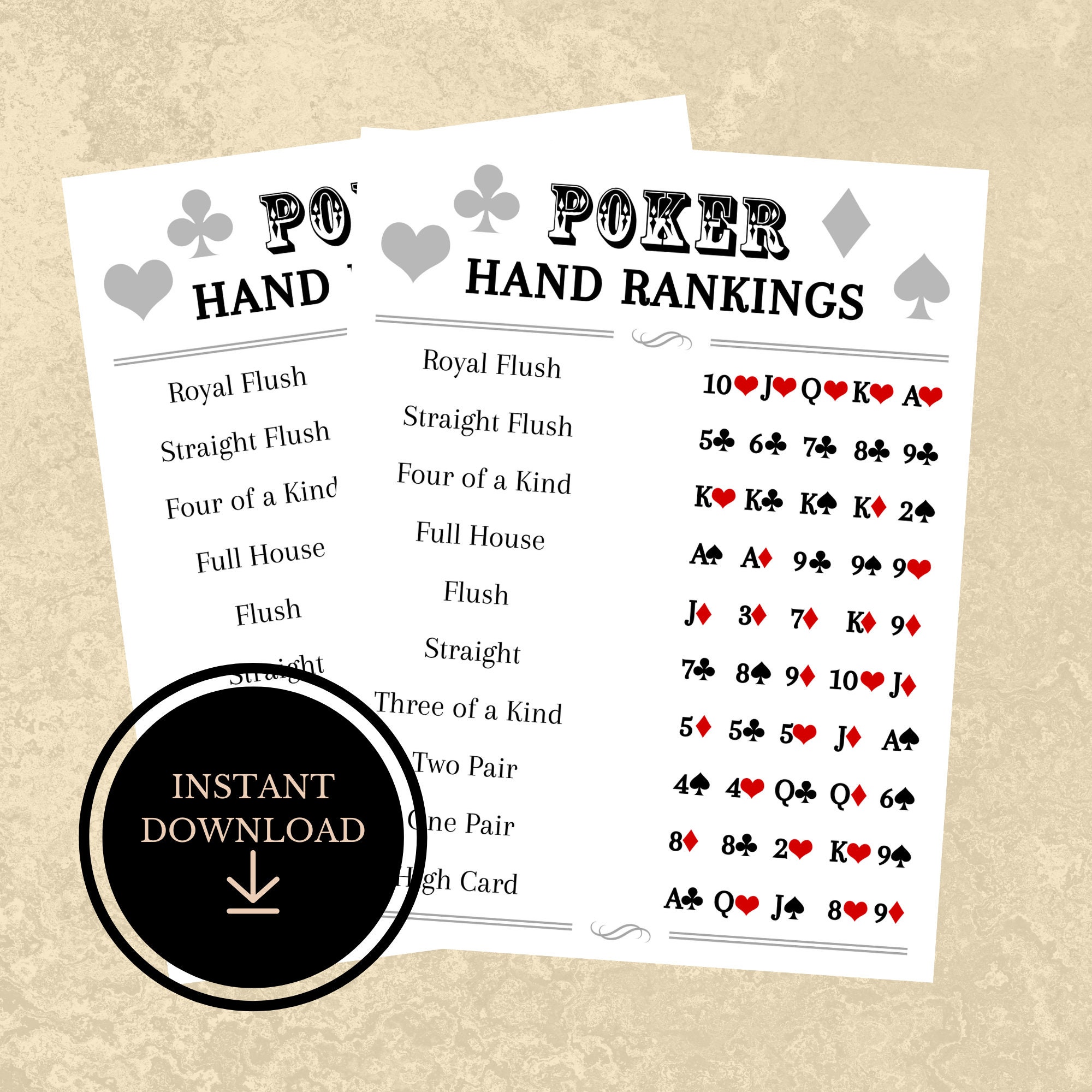 Poker Hand Rankings Print, PRINTABLE INSTANT DOWNLOAD, Poker Night ...
