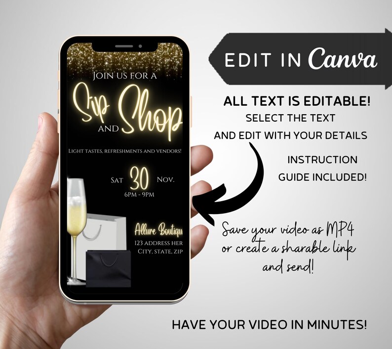 Editable Sip and Shop Video, Sip and See Invitation, Shopping Event ...