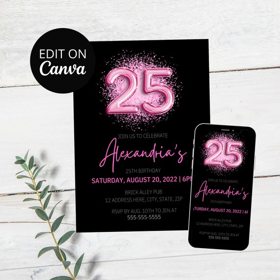 25th Birthday Invite Milestone Birthday Black and Pink | Etsy