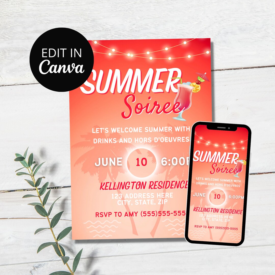 Summer Soiree Invitation, Summer Party Invite, Cocktail Party, Summer ...
