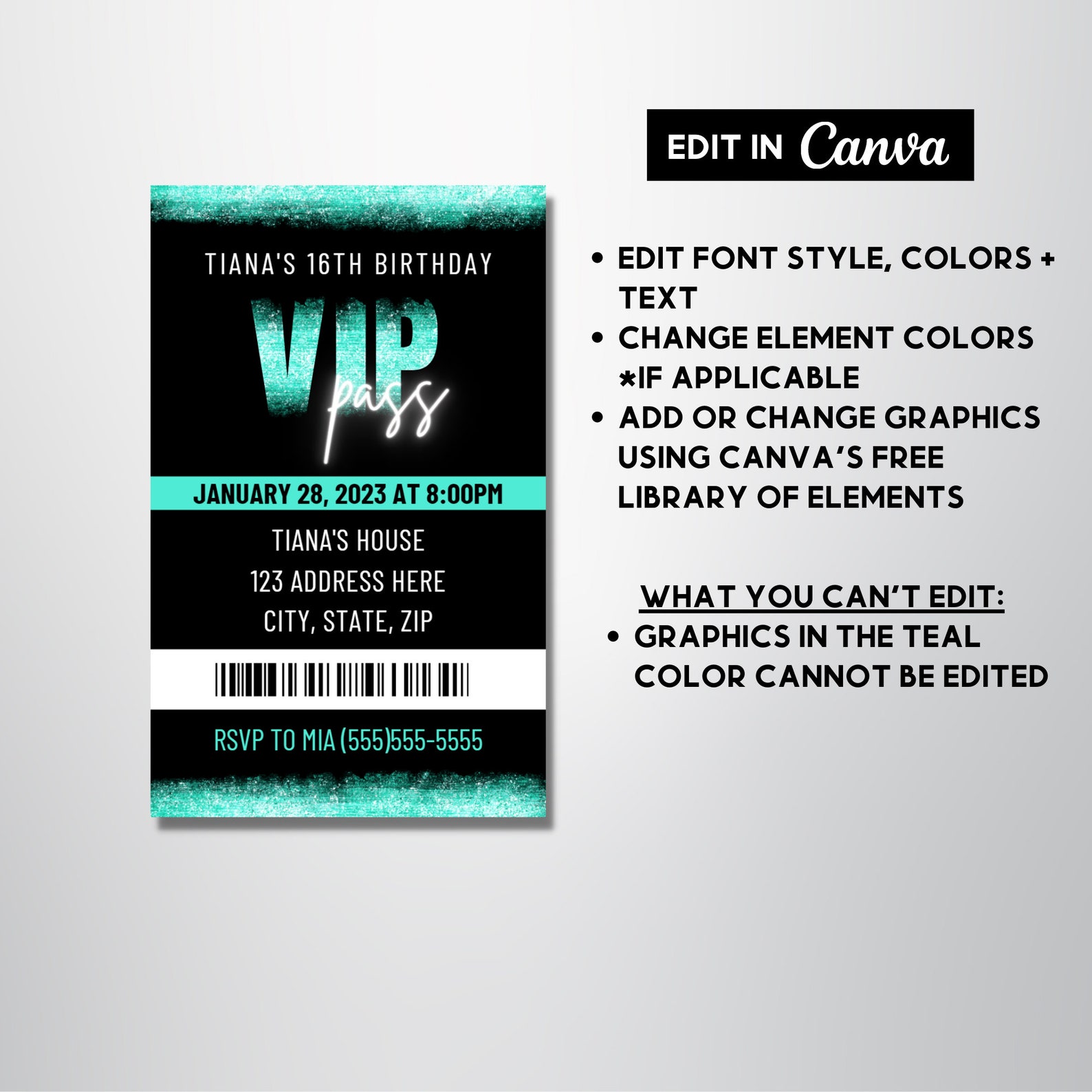Teal VIP Pass Party Invitation, VIP Insert for Lanyard, VIP Pass ...
