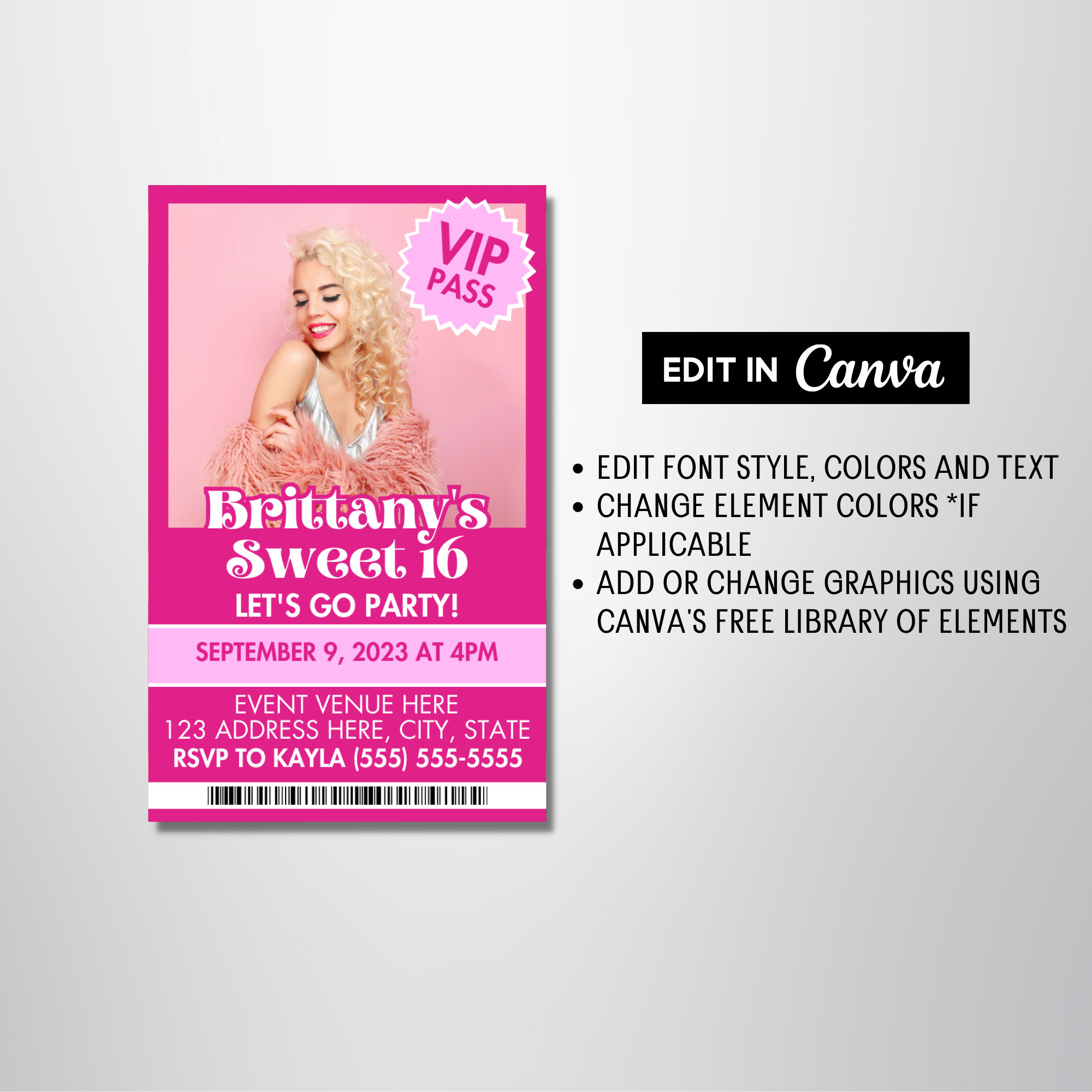 Hot Pink VIP Pass Party Invitation, VIP Insert for Lanyard, VIP Pass ...