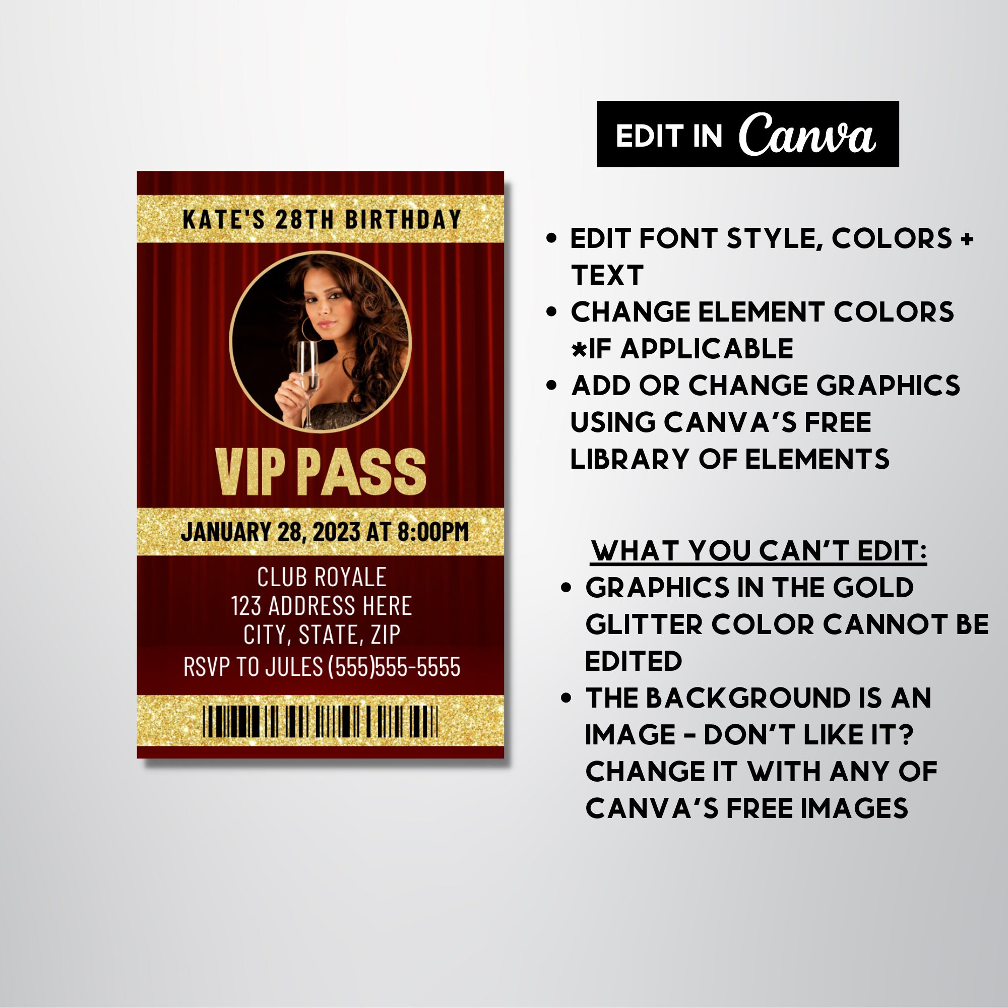 VIP Pass Party Invitation, Red Curtain, Hollywood, VIP Insert for ...