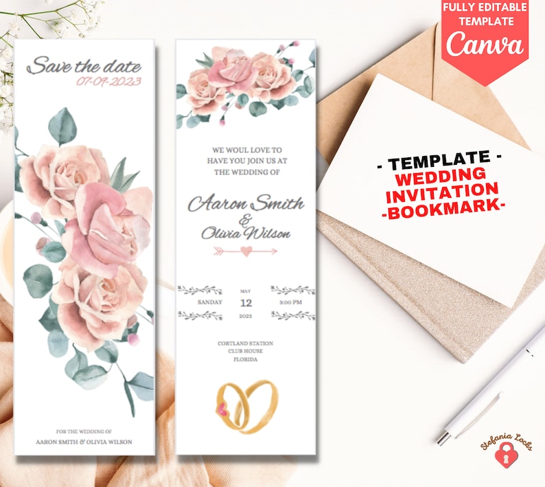 Canva Wedding Invitation Template, Bookmark Template, Modern Simple ...