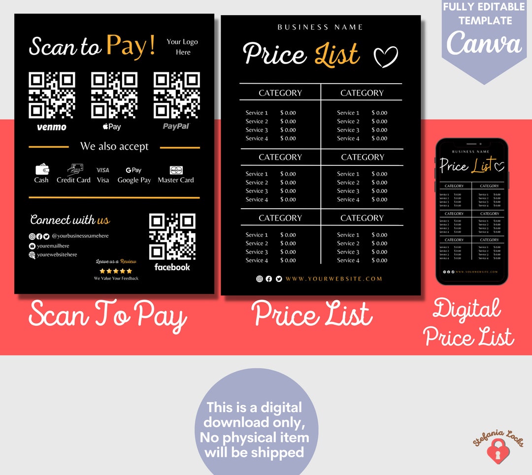 Price List Template & Scan to Pay Template, QR Code Sign Canva, Price ...