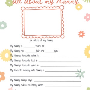 All About My Nanny Printable Gift Idea ~ Mothers Day Activity Bundle ...