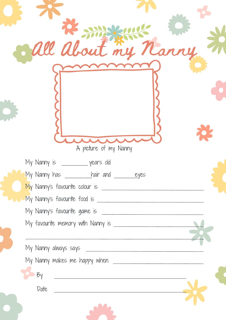 All About My Nanny Printable Gift Idea ~ Mothers Day Activity Bundle ...