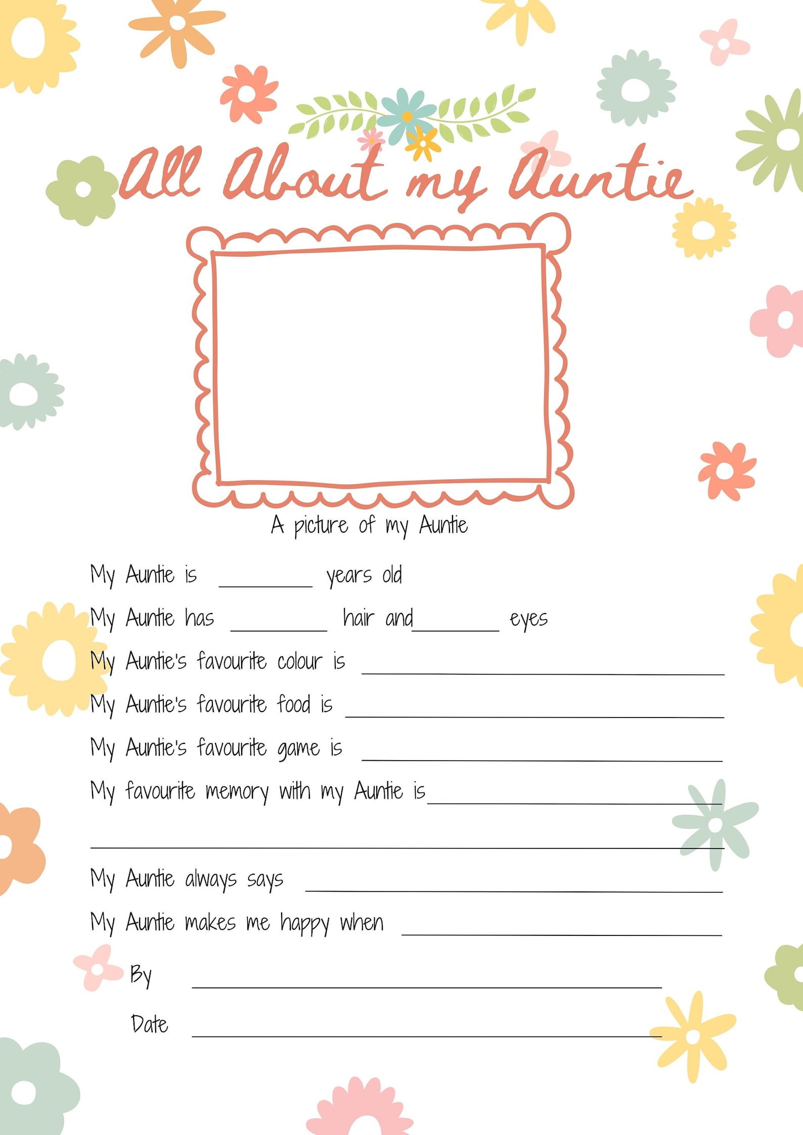 All About My Auntie Printable Mothers Day Gift. Reasons I Love My ...