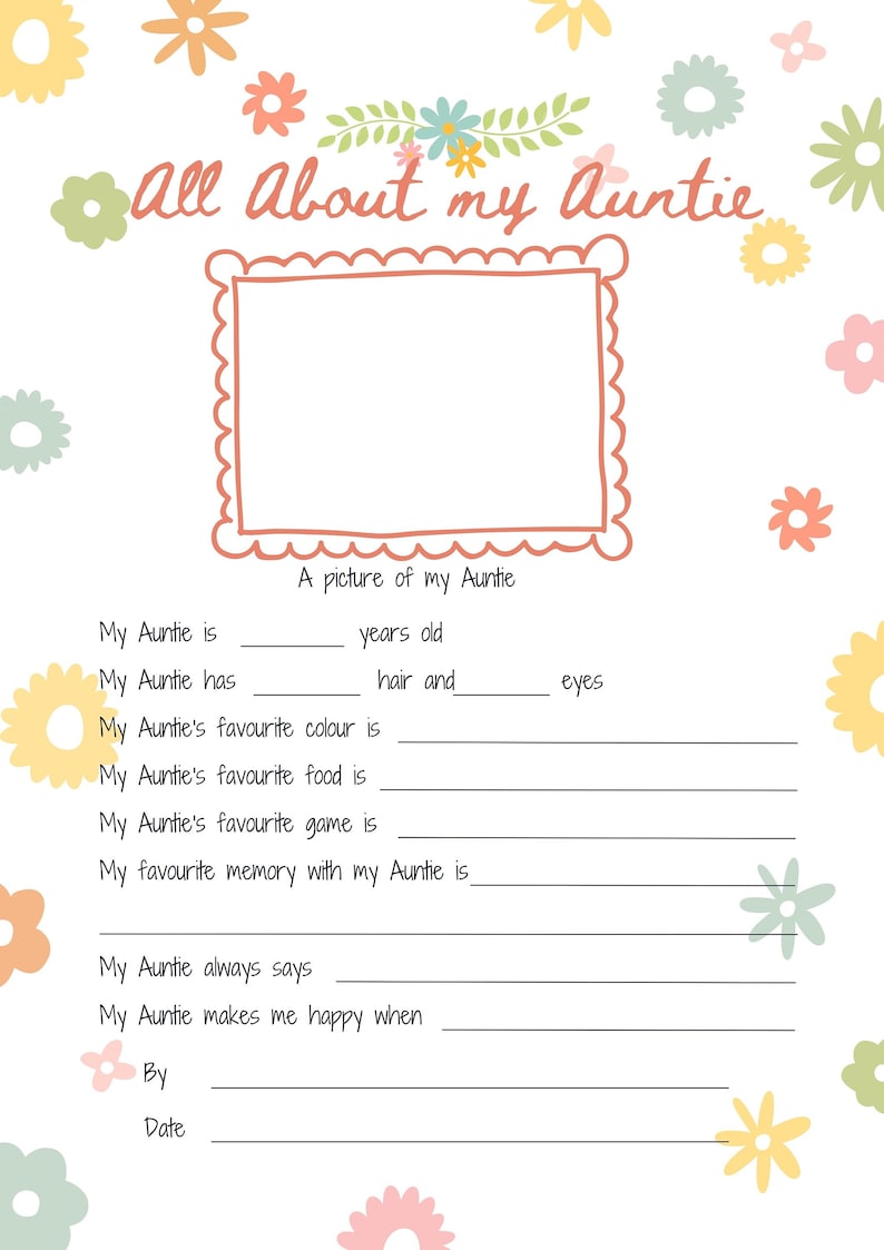 All About My Auntie Printable Mothers Day Gift. Reasons I Love My ...
