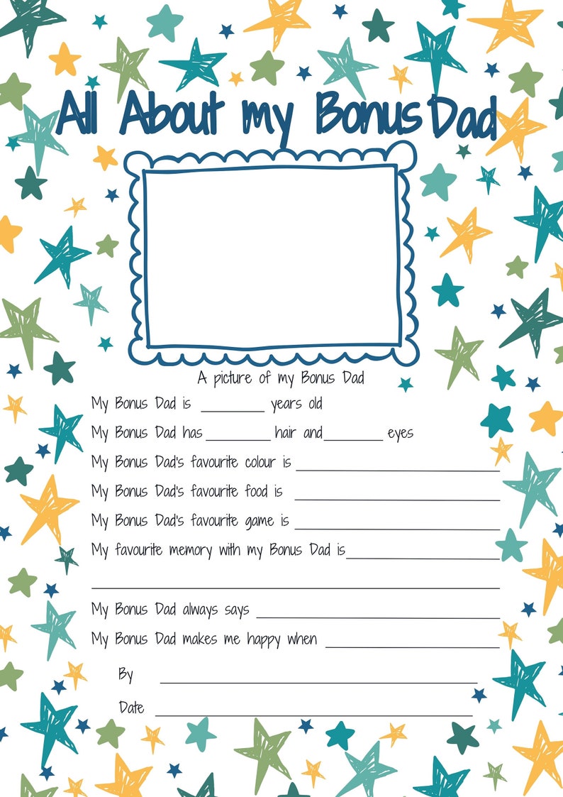 All About My Bonus Dad Printable Fathers Day Gift. Reasons I Love My ...