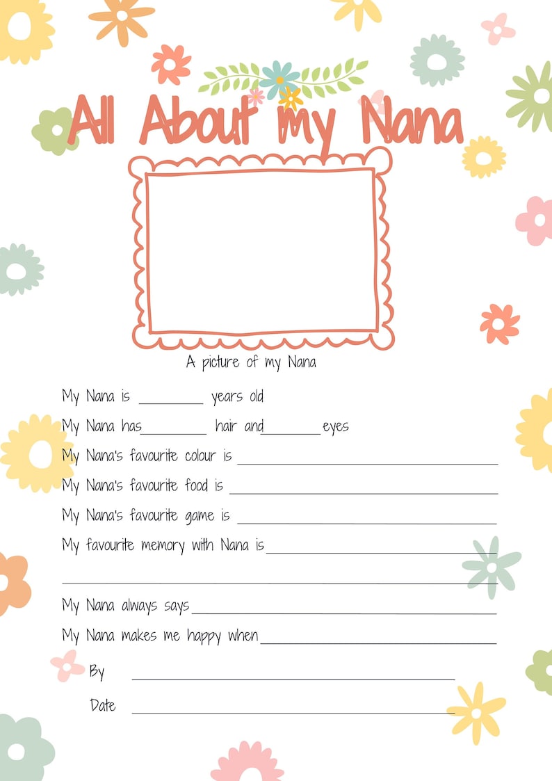 All About My Nana Printable Mothers Day Gift. Reasons I Love My Nana ...