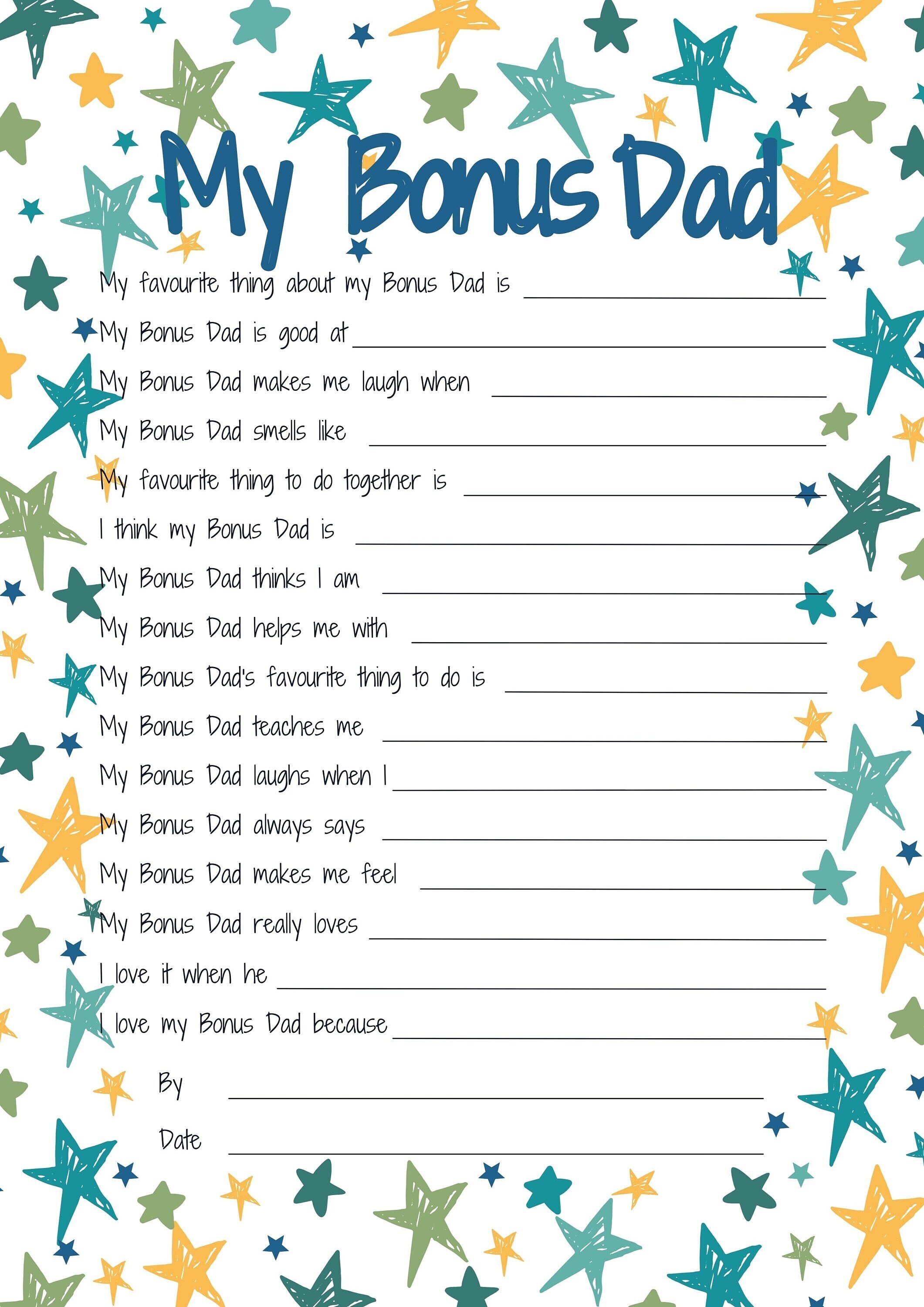 All About My Bonus Dad Printable Fathers Day Gift Idea. Reasons I Love ...