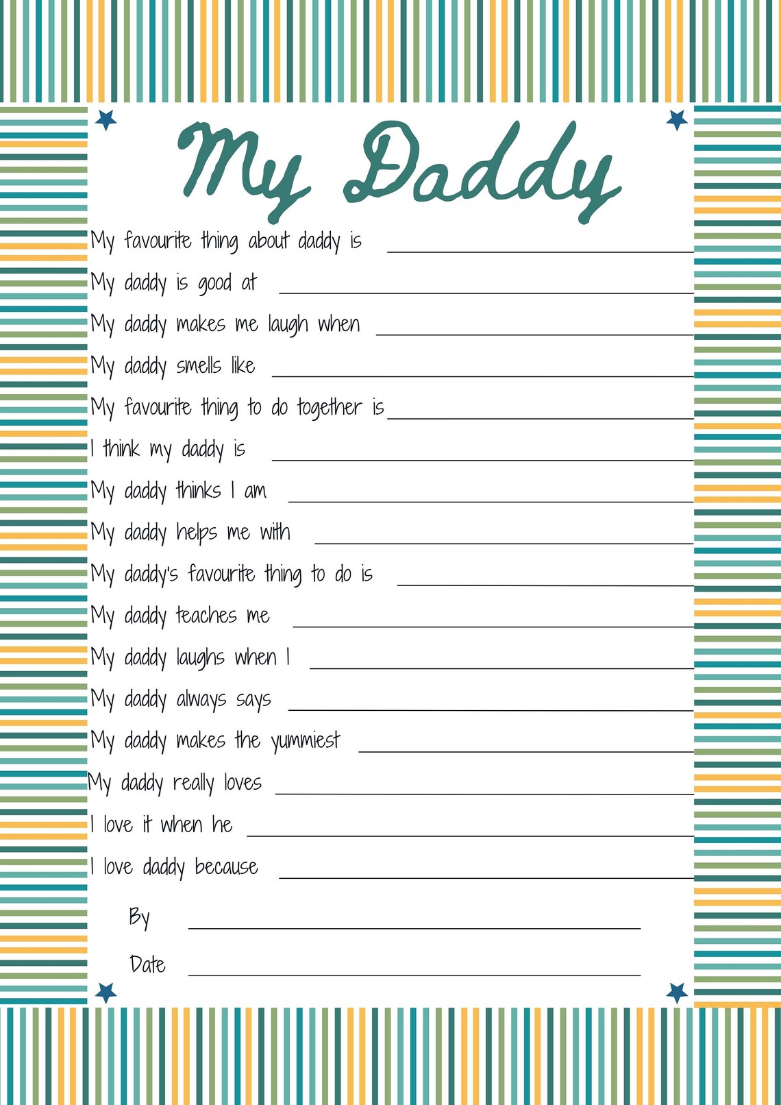 Printable Fathers Day Activity~ About My Daddy~ Idea for Fathers Day ...