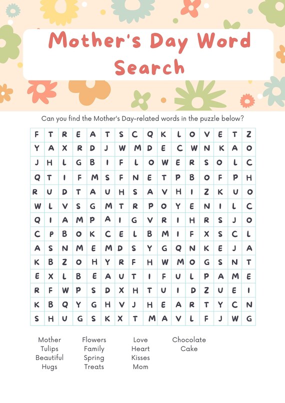Printable Mother's Day Word Search Printable Mothers Day | Etsy