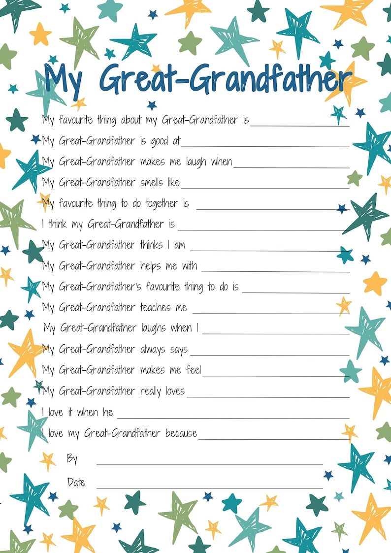 All About My Great-grandfather Printable Fathers Day Gift Idea. Reasons ...